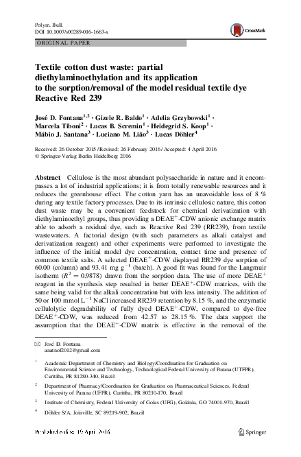 (PDF) Textile cotton dust waste: partial diethylaminoethylation and its ...