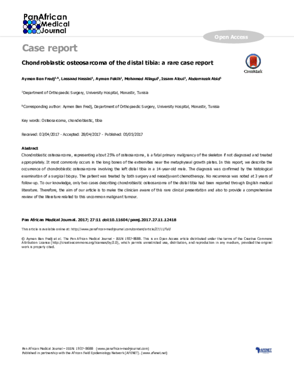 (PDF) Chondroblastic osteosarcoma of the distal tibia: a rare case report