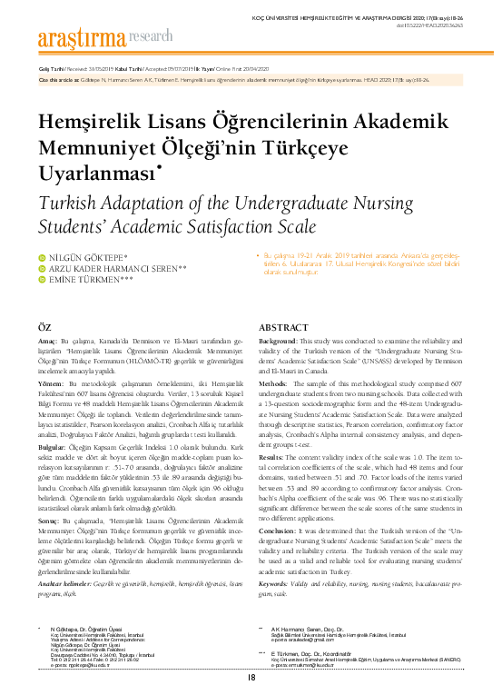 (PDF) Turkish Adaptation of the Undergraduate Nursing Students ...
