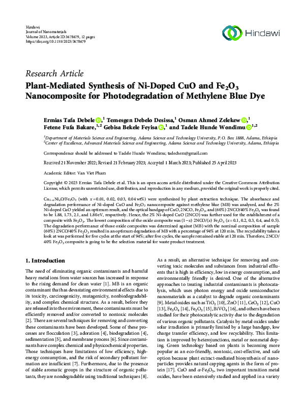 (PDF) Plant-Mediated Synthesis of Ni-Doped CuO and Fe2O3 Nanocomposite for Photodegradation of ...