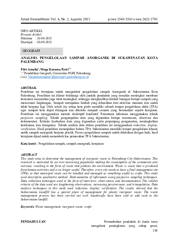 (PDF) Analisis Pengelolaan Sampah Anorganik DI Sukawinatan Kota Palembang