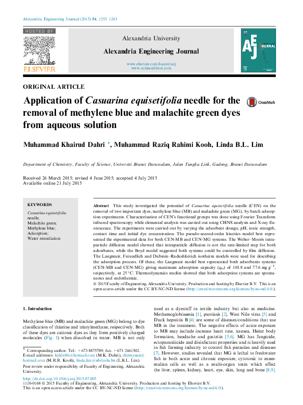 (PDF) Application of Casuarina equisetifolia needle for the removal of methylene blue and ...