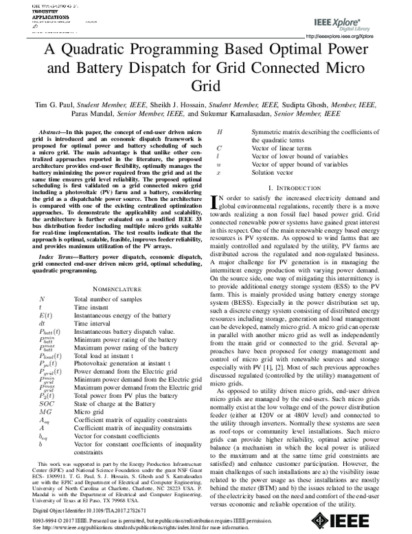 (PDF) A Quadratic Programming Based Optimal Power and Battery Dispatch for Grid-Connected Microgrid