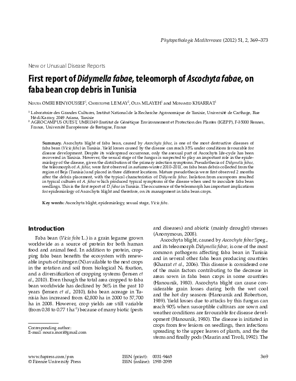 (PDF) First report of Didymella fabae, teleomorph of Ascochyta fabae ...
