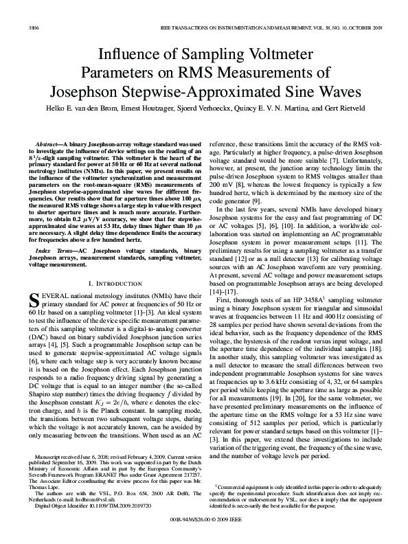 (PDF) Influence of Sampling Voltmeter Parameters on RMS Measurements of Josephson Stepwise ...