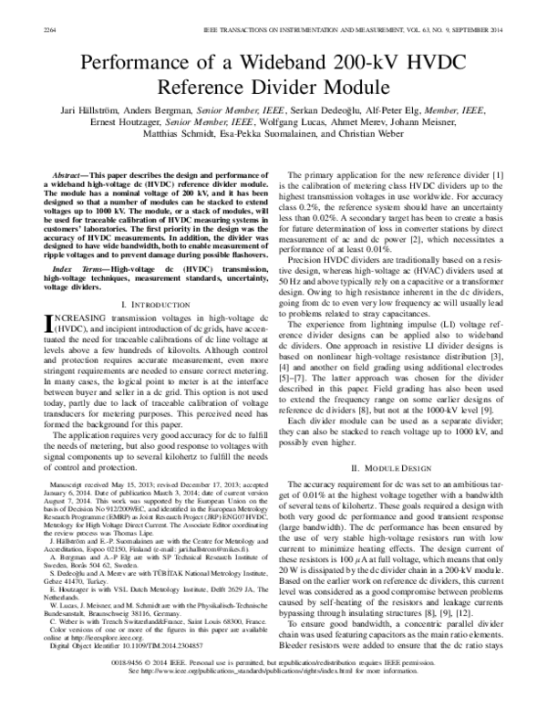 (PDF) Performance of a Wideband 200-kV HVDC Reference Divider Module