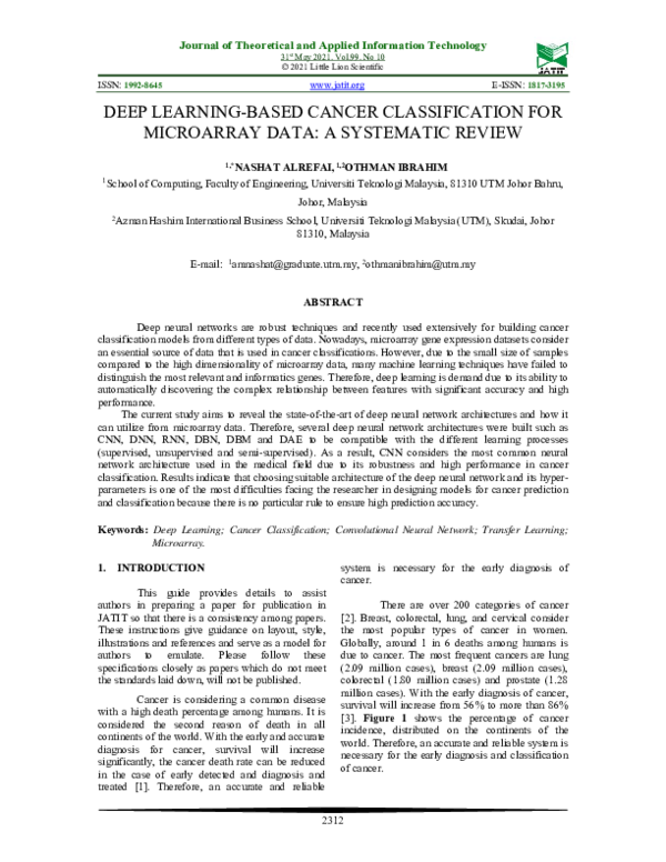 (PDF) Deep Learning-Based Cancer Classification for Microarray Data: A Systematic Review