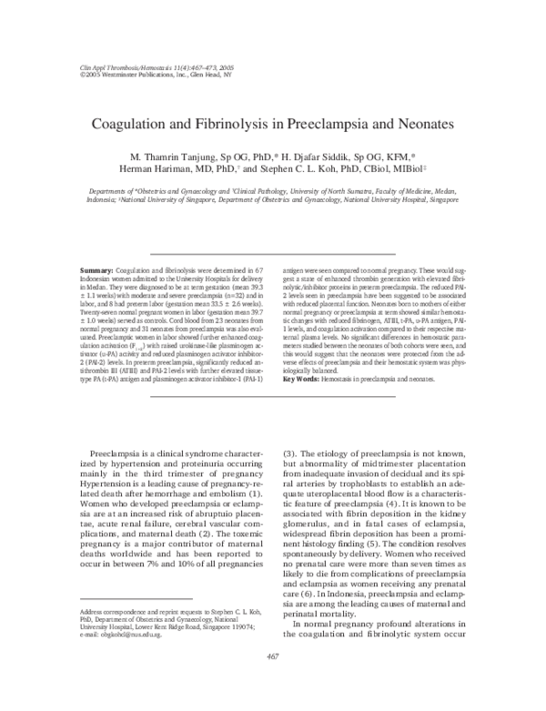 (PDF) Coagulation and Fibrinolysis in Preeclampsia and Neonates