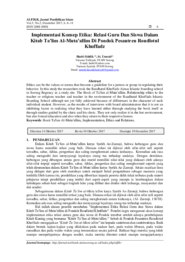 (PDF) Implementasi Konsep Etika: Relasi Guru Dan Siswa Dalam Kitab Ta’lim Al-Muta’allim Di ...
