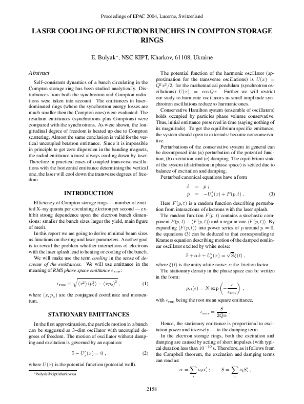 (PDF) Laser Cooling of Electron Bunches in Compton Storage Rings