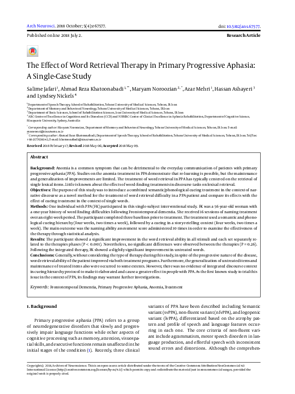 (PDF) The Effect of Word Retrieval Therapy in Primary Progressive ...