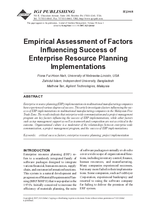 (PDF) Empirical Assessment of Factors Influencing Success of Enterprise Resource Planning ...
