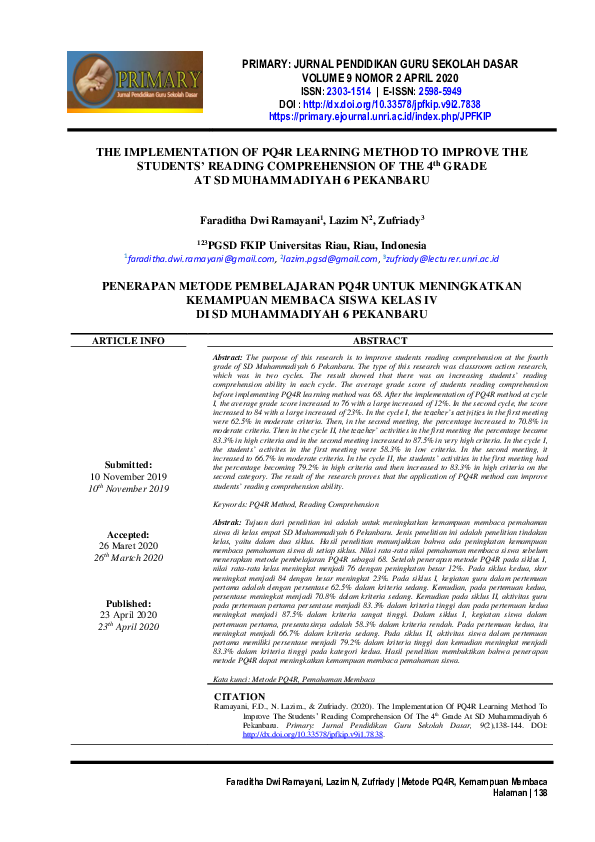 (PDF) The Application Of PQ4R Learning Method To Improve The Students ...