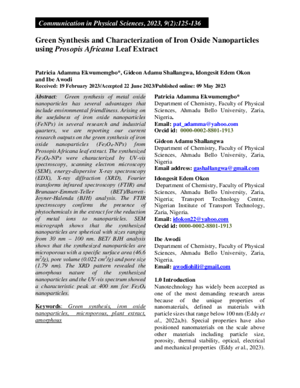 (PDF) Green Synthesis and Characterization of Iron Oxide Nanoparticles using Prosopis Africana ...