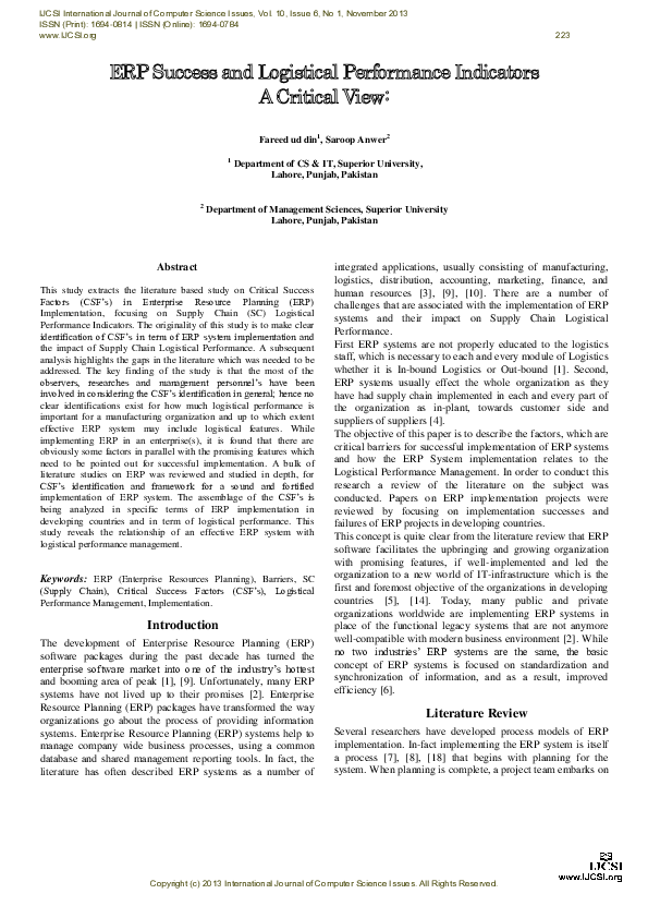 (PDF) ERP Success and Logistical Performance Indicators A Critical View
