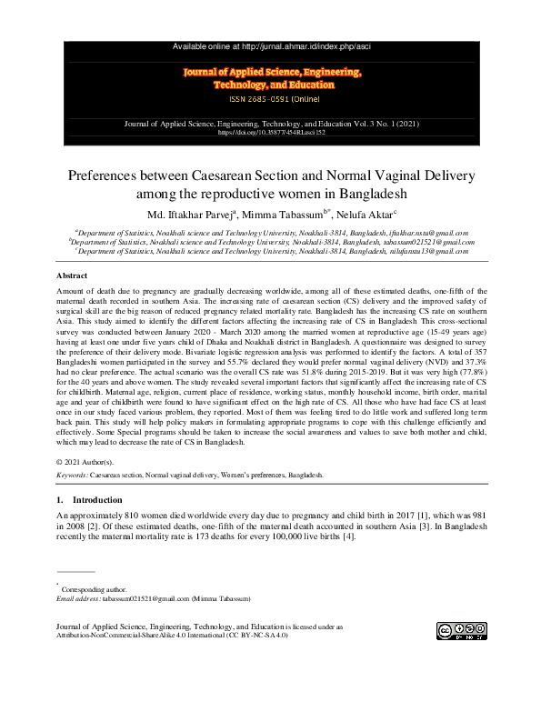 Pdf Preferences Between Caesarean Section And Normal Vaginal Delivery
