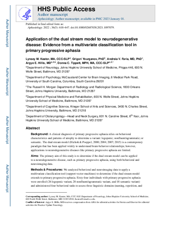 (PDF) Application of the dual stream model to neurodegenerative disease ...