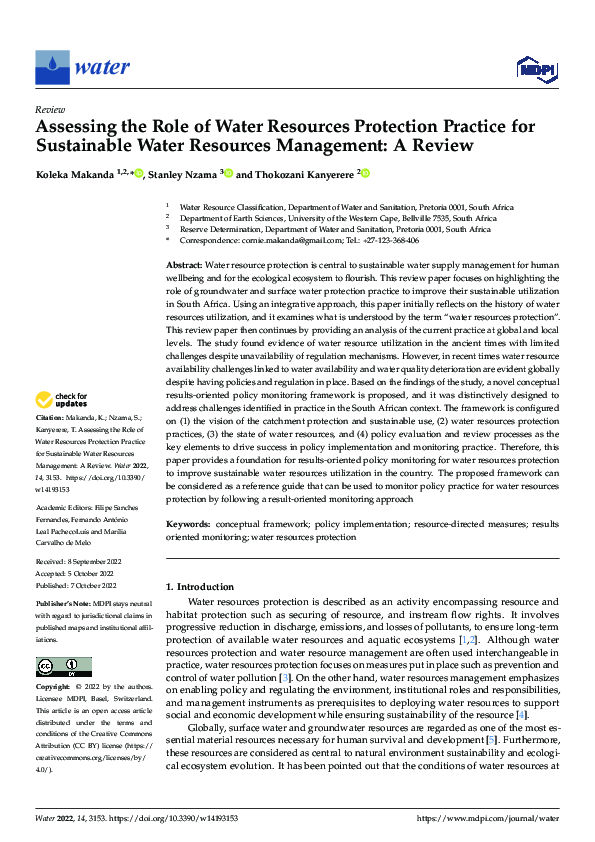 (PDF) Assessing the Role of Water Resources Protection Practice for ...