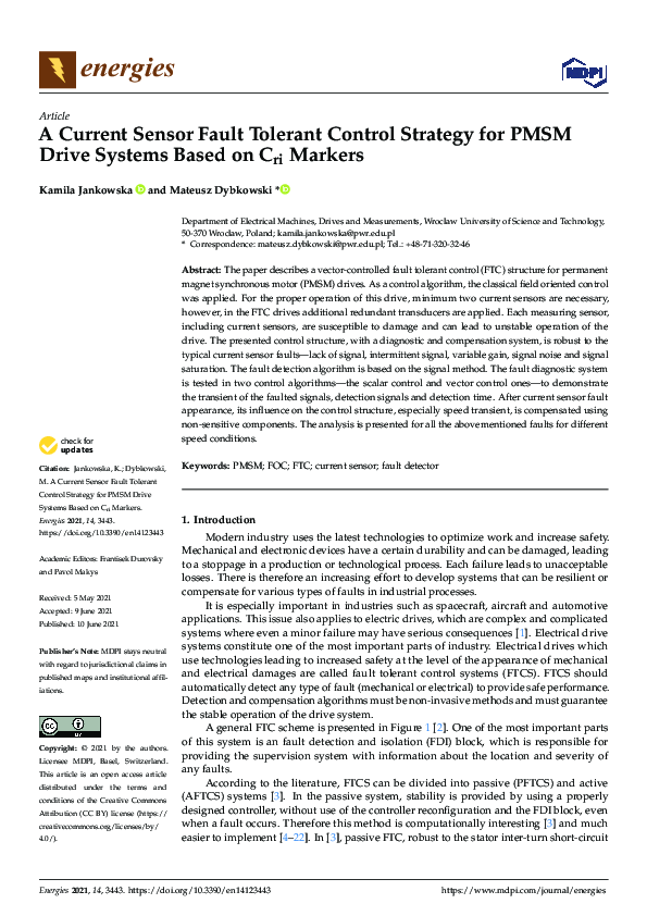 Pdf A Current Sensor Fault Tolerant Control Strategy For Pmsm Drive Systems Based On Cri