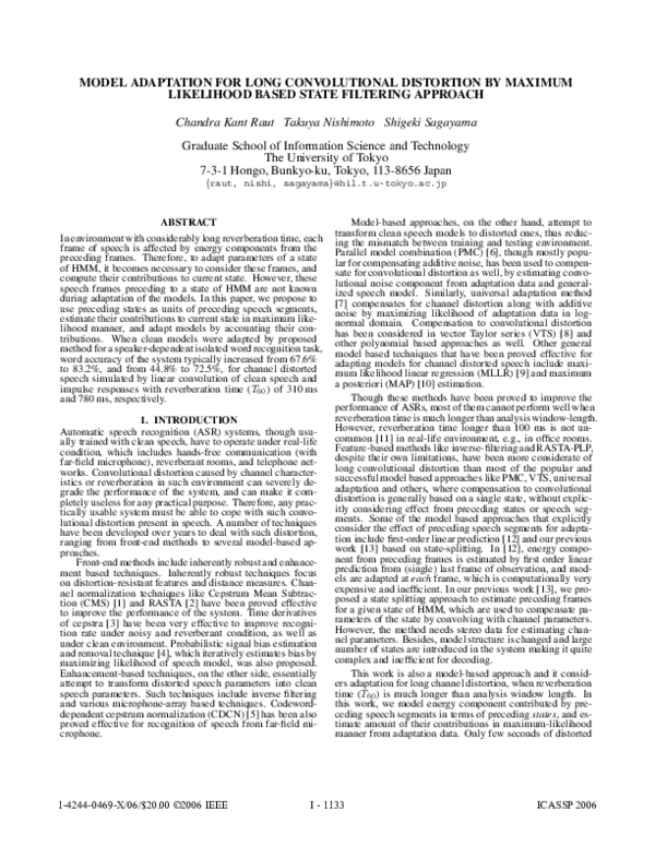 (PDF) Model Adaptation for Long Convolutional Distortion by Maximum Likelihood Based State ...