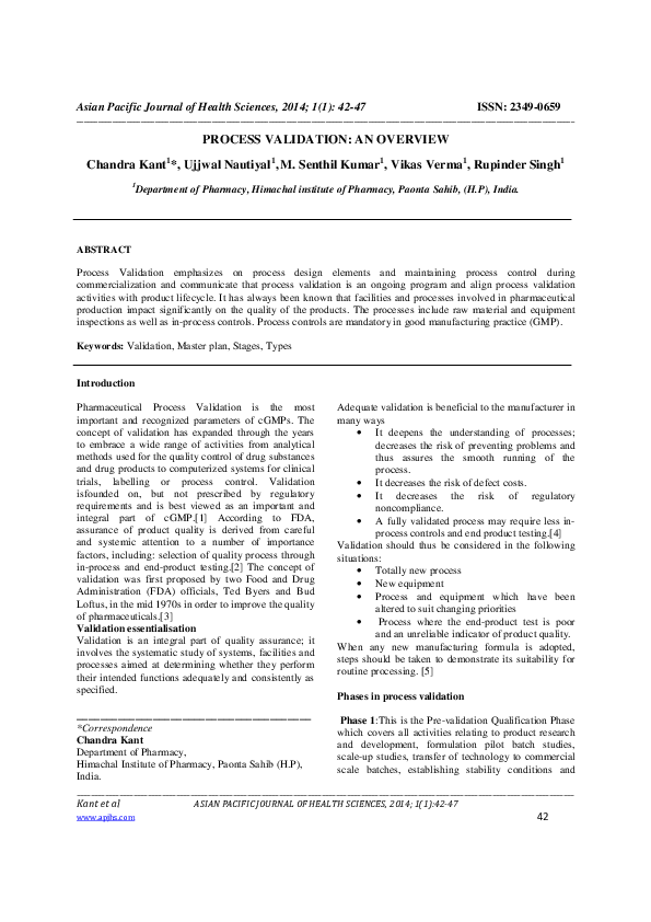 (PDF) Process Validation: An Overview