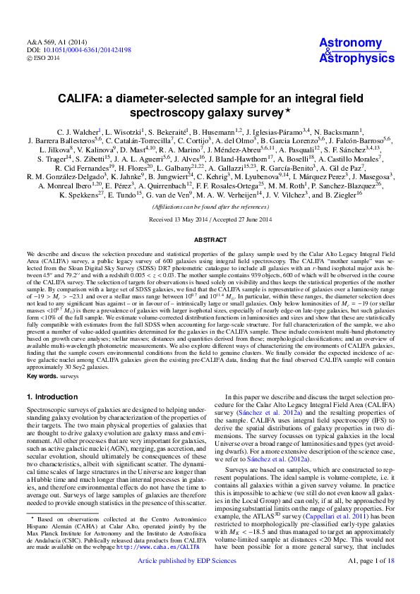 (PDF) CALIFA: a diameter-selected sample for an integral field ...
