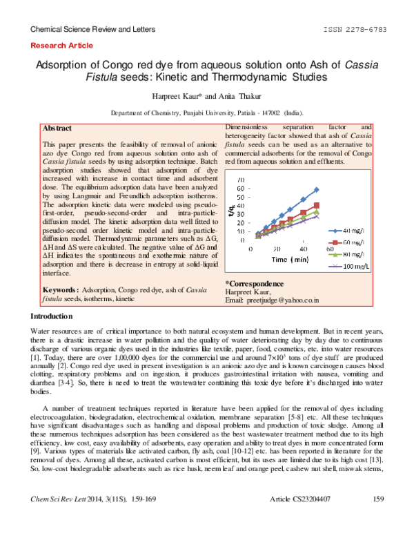 (PDF) Adsorption of Congo red dye from aqueous solution onto Ash of ...