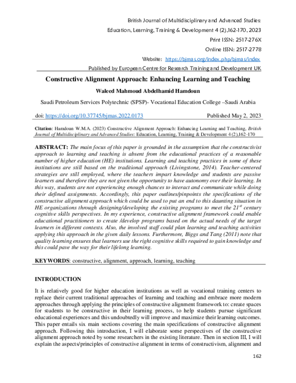 (PDF) Constructive Alignment Approach: Enhancing Learning and Teaching