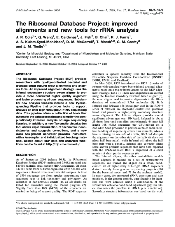 (PDF) The Ribosomal Database Project: improved alignments and new tools ...