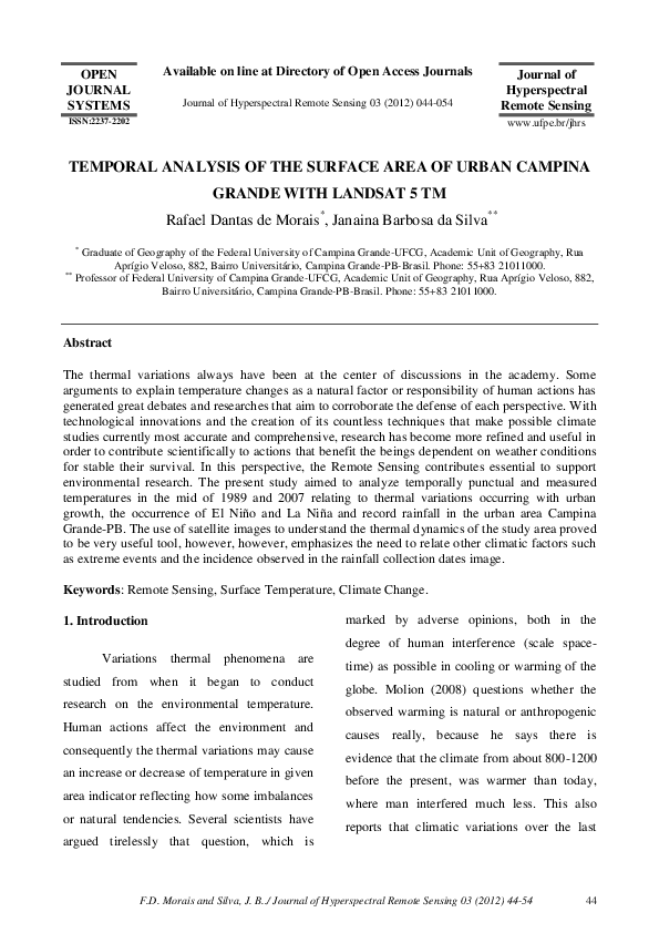 (PDF) Temporal Analysis of the Surface Area of Urban Campina Grande with Landsat 5 TM
