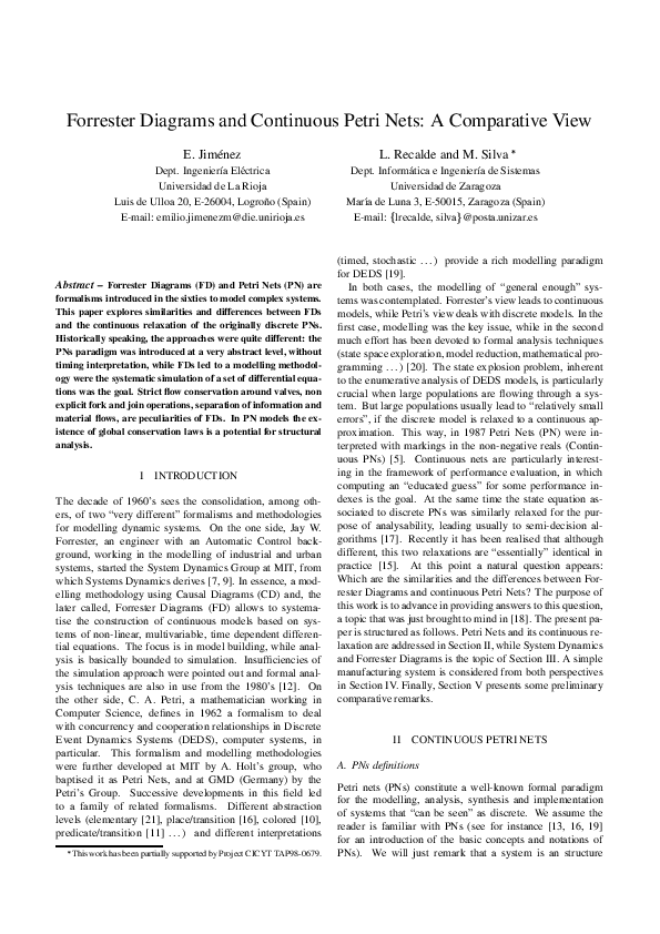 (PDF) Forrester diagrams and continuous Petri nets: a comparative view