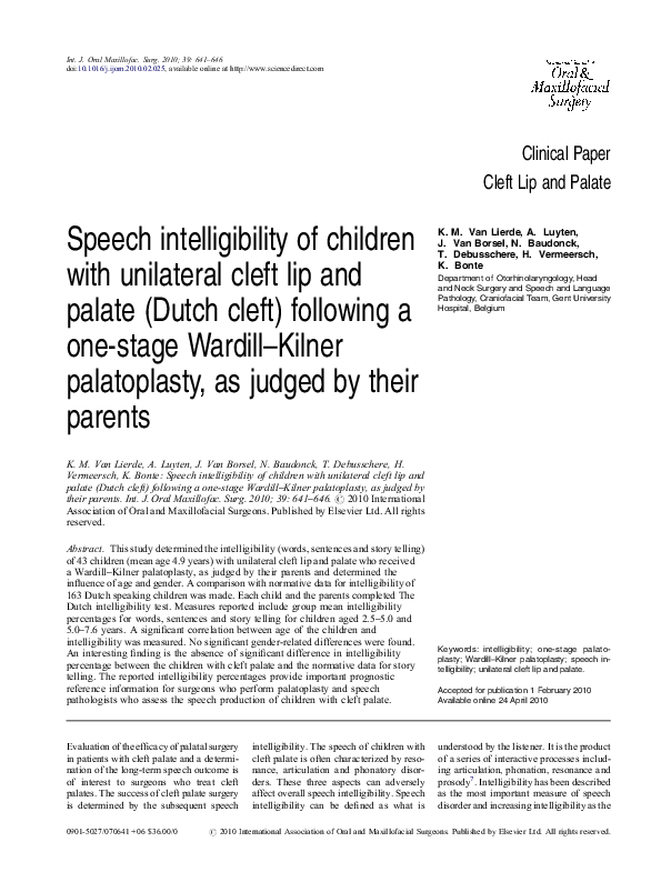 (PDF) Speech intelligibility of children with unilateral cleft lip and ...