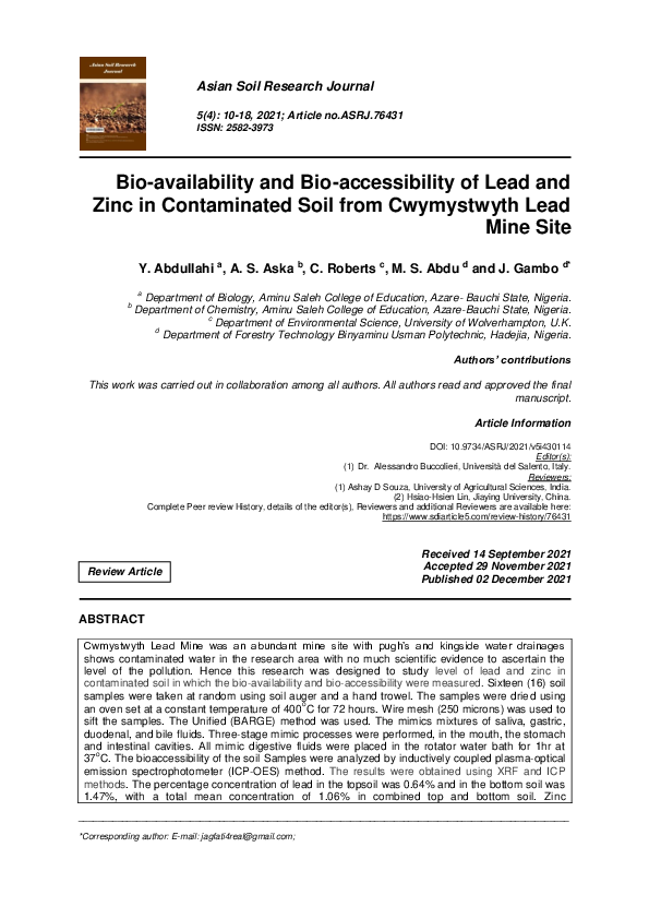 (PDF) Bio-availability and Bio-accessibility of Lead and Zinc in ...