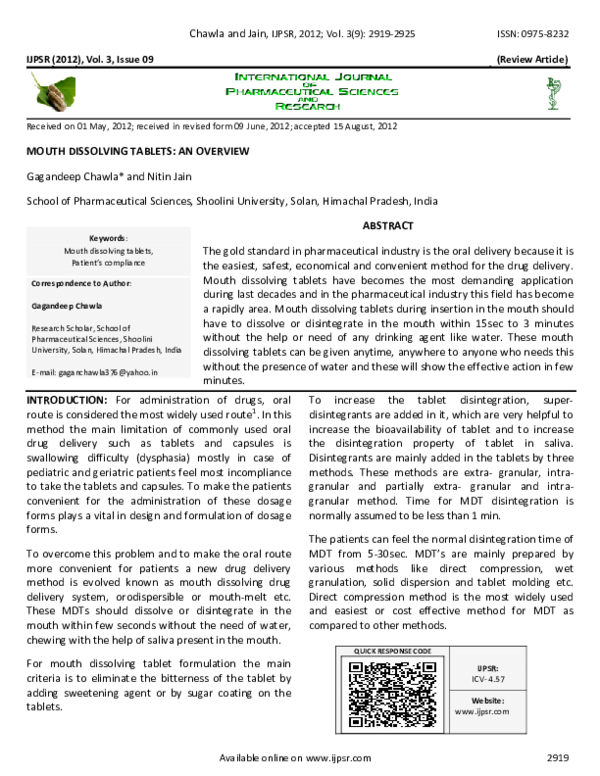 (PDF) Mouth Dissolving Tablets: An Overview