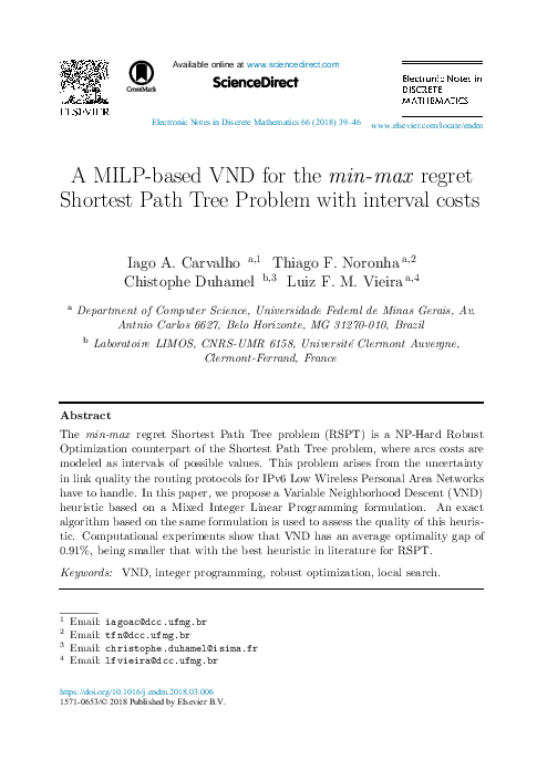 Pdf A Milp Based Vnd For The Min Max Regret Shortest Path Tree Problem With Interval Costs