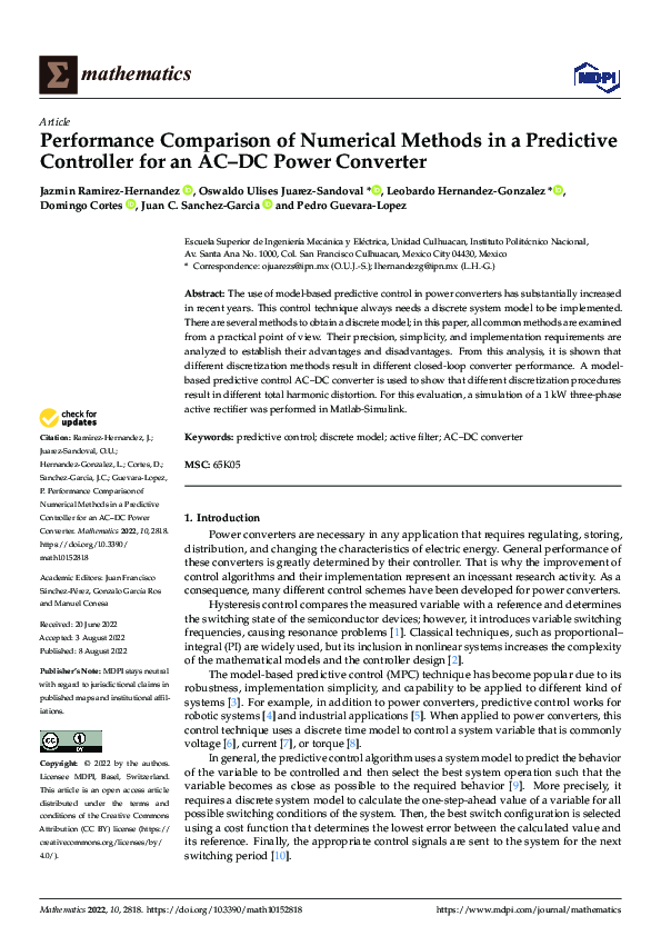 Pdf Performance Comparison Of Numerical Methods In A Predictive Controller For An Acdc Power