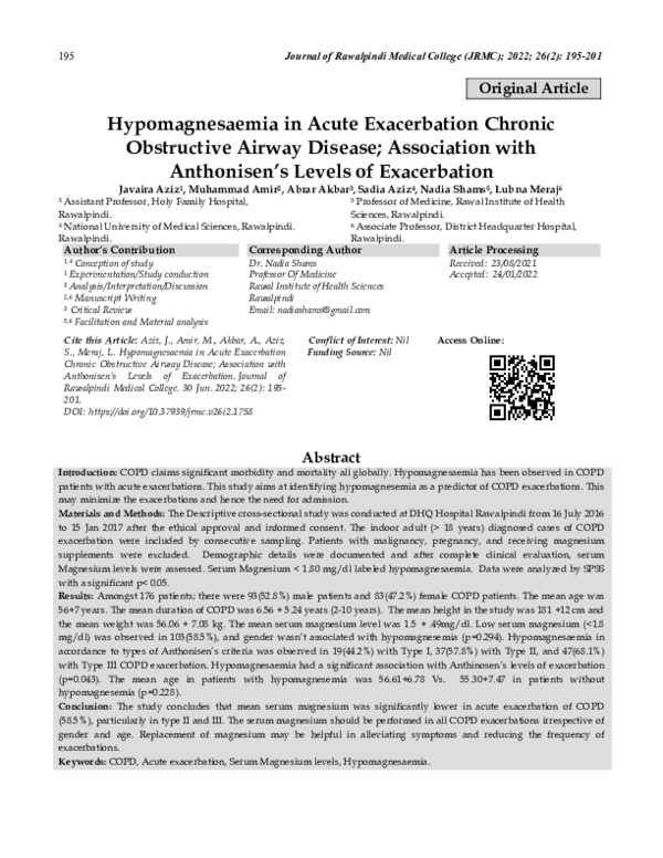 (PDF) Hypomagnesaemia in Acute Exacerbation Chronic Obstructive Airway ...