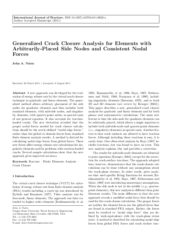 (PDF) Generalized crack closure analysis for elements with arbitrarily ...