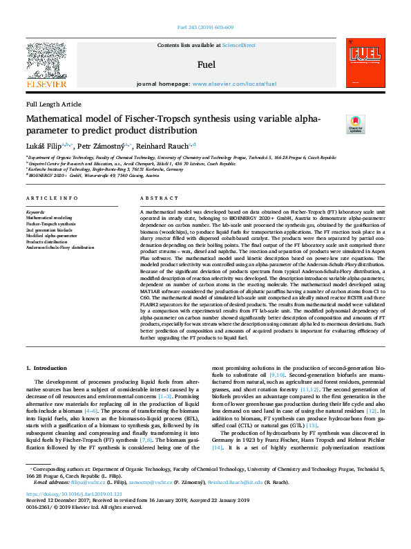 (PDF) Mathematical model of Fischer-Tropsch synthesis using variable alpha-parameter to predict ...