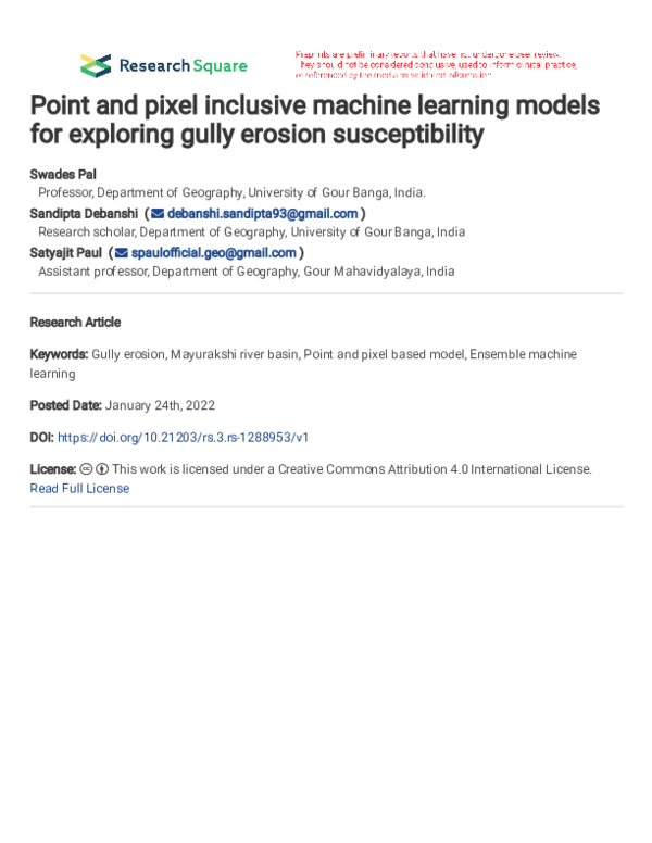 (PDF) Point and pixel inclusive machine learning models for exploring gully erosion susceptibility