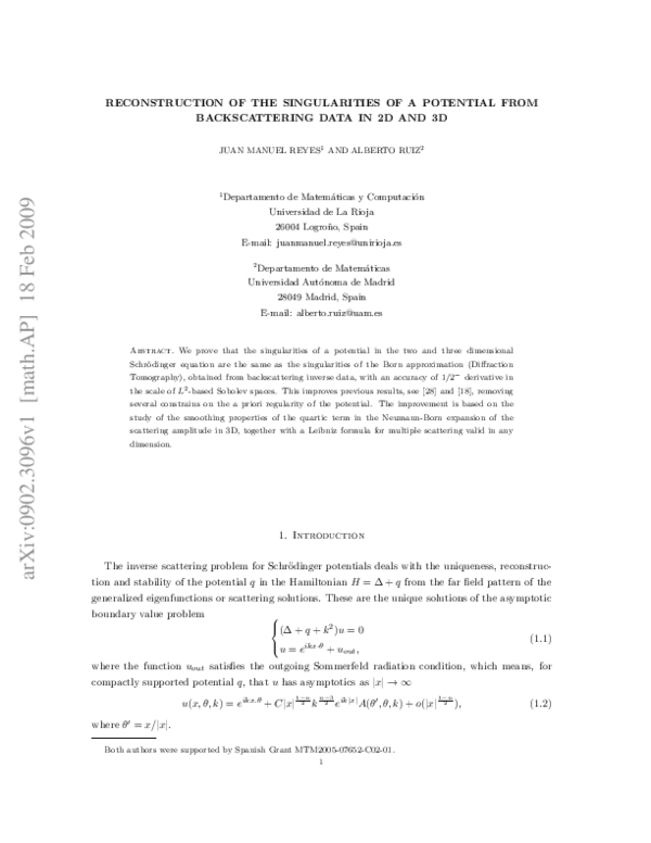 (PDF) Reconstruction of the singularities of a potential from backscattering data in 2D and 3D