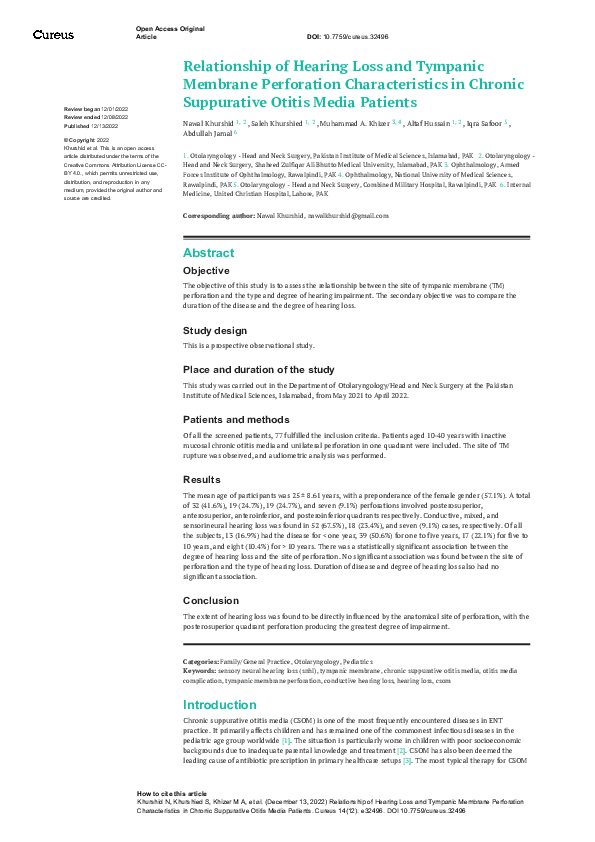 (PDF) Relationship of Hearing Loss and Tympanic Membrane Perforation ...