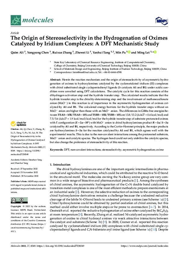 (PDF) The Origin of Stereoselectivity in the Hydrogenation of Oximes ...