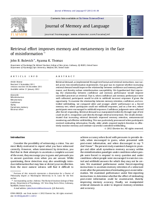 (PDF) Retrieval effort improves memory and metamemory in the face of misinformation