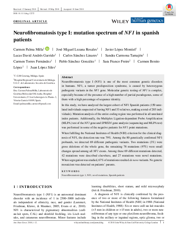 (PDF) Neurofibromatosis type I: mutation spectrum of NF1 in spanish patients