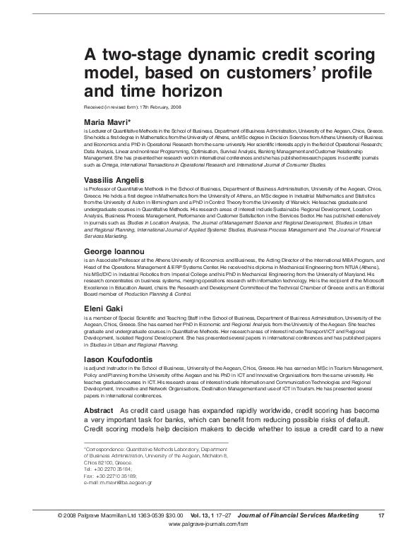 (PDF) A two-stage dynamic credit scoring model, based on customers ...