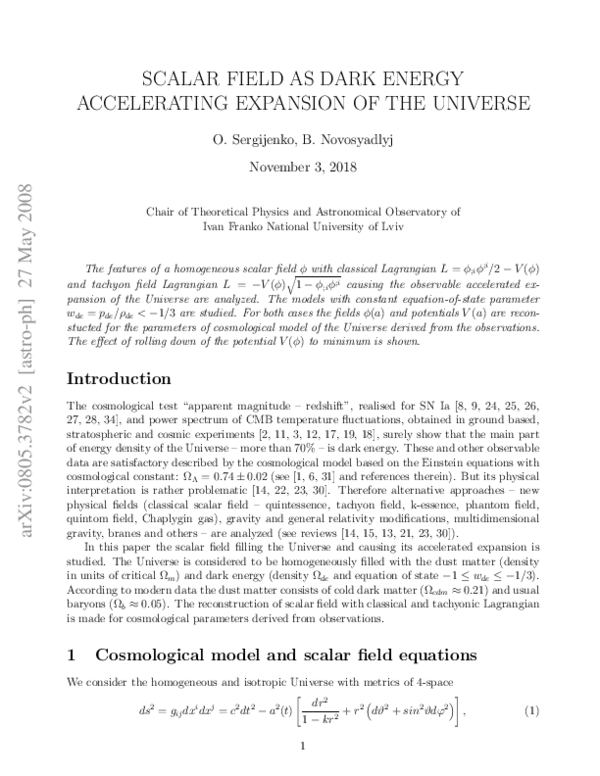 (PDF) Scalar field as dark energy accelerating expansion of the Universe