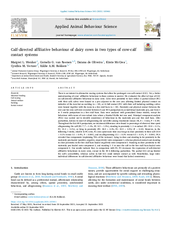 (PDF) Calf-directed affiliative behaviour of dairy cows in two types of ...