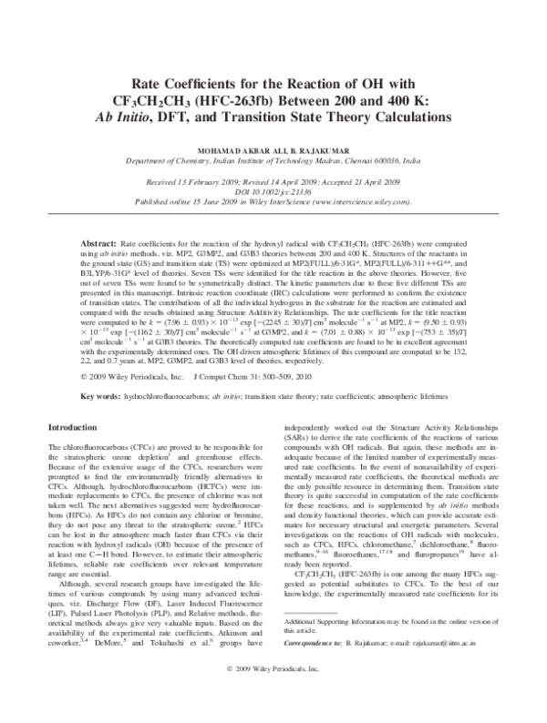 (PDF) Rate coefficients for the reaction of OH with CF3CH2CH3 (HFC ...