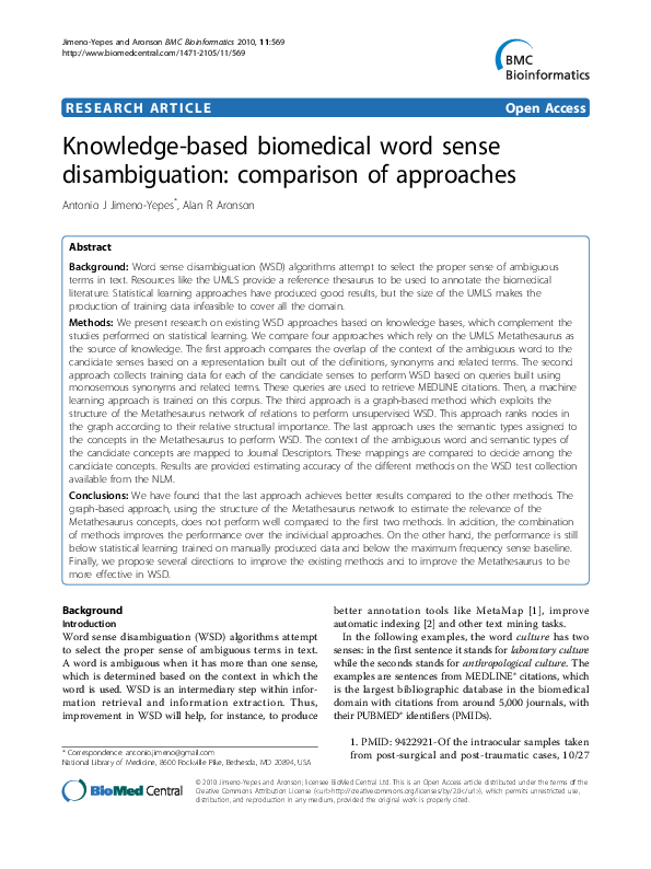 (PDF) Knowledge-based biomedical word sense disambiguation: comparison of approaches